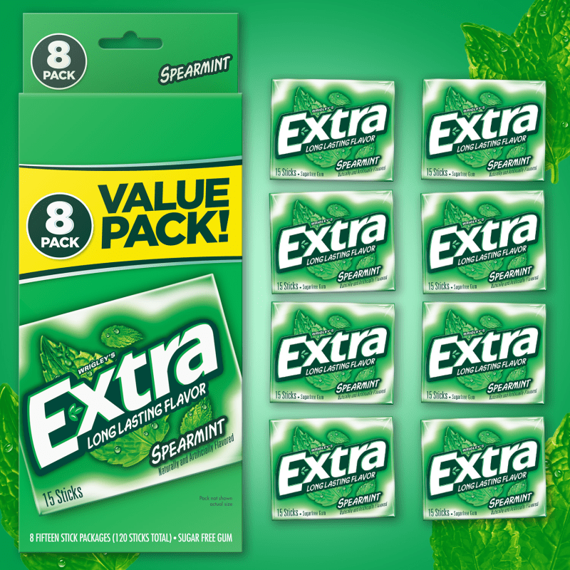 EXTRA Spearmint Sugarfree Chewing Gum, Value Pack (8 Packs) | EXTRA